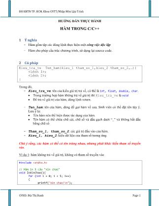 Hướng dẫn thực hành Nhập môn lập trình - Bài: Hàm trong C/C++ - Bùi Thị ...