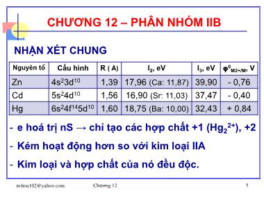 Bài giảng Hóa vô cơ - Chương 12: Phân nhóm IIB